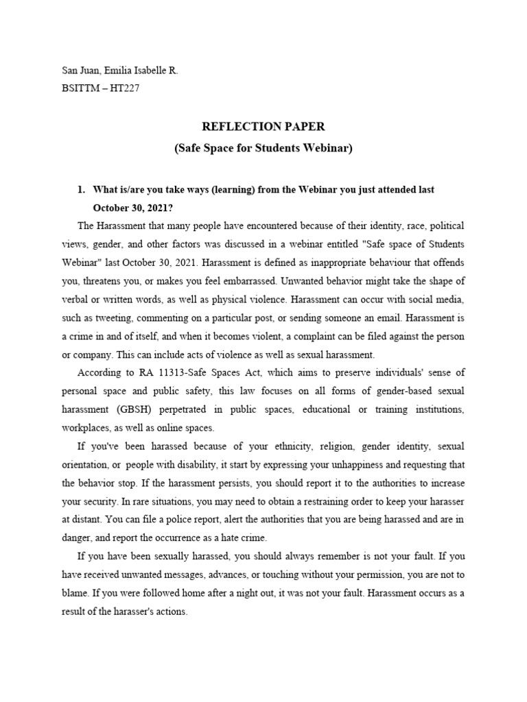 REFLECTION PAPER - Safe Space For Students Webinar | PDF | Sexual ...