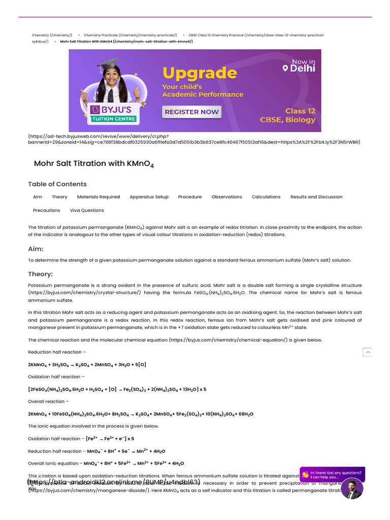 Mohr Salt Titration With KMnO4 - CBSE Chemistry Practicals Class 12 | PDF | Titration | Chemistry