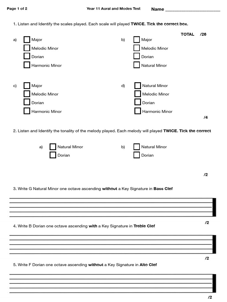 Aural and Modes Test | PDF | Minor Scale | Mode (Music)