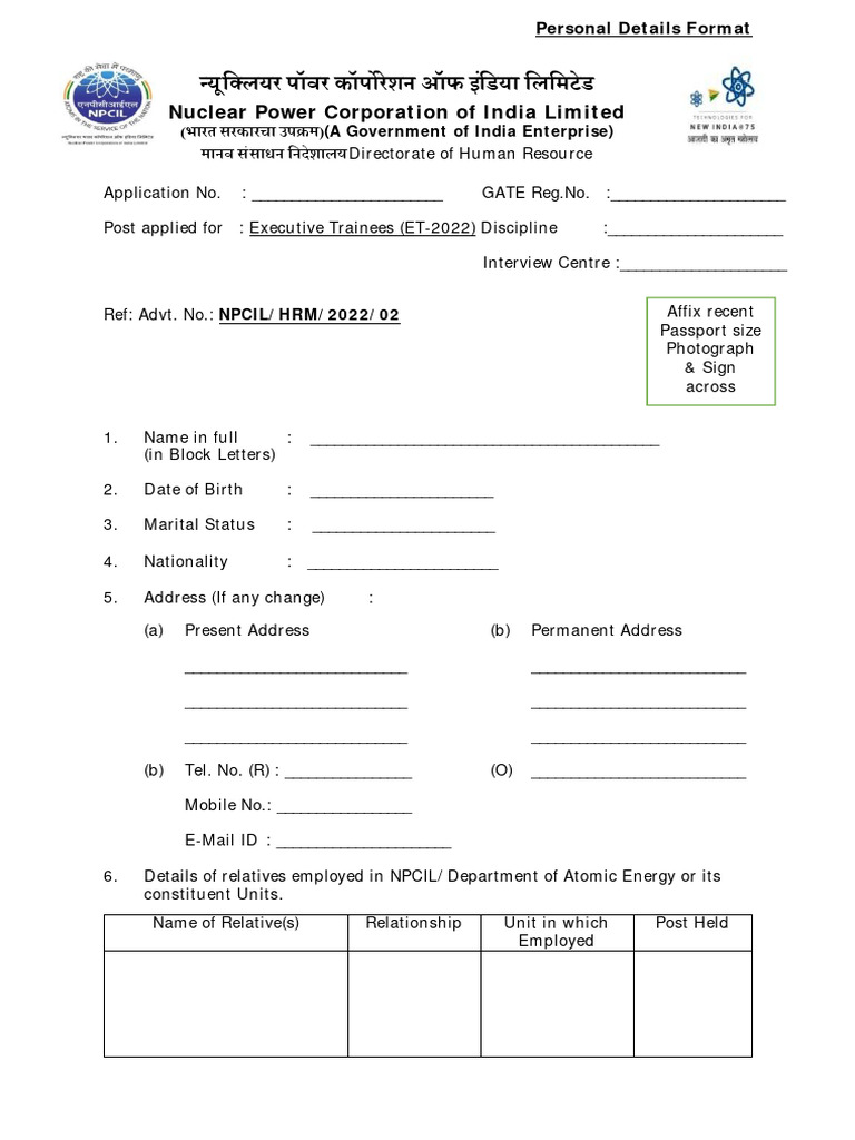 NPCIL Personal - Details - Format | PDF