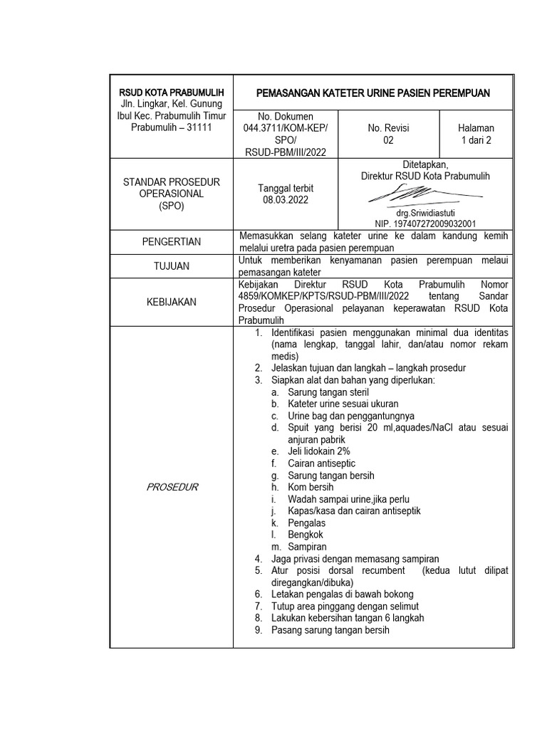 Spo Pemasangan Kateter Urine Pasien Perempuan | PDF
