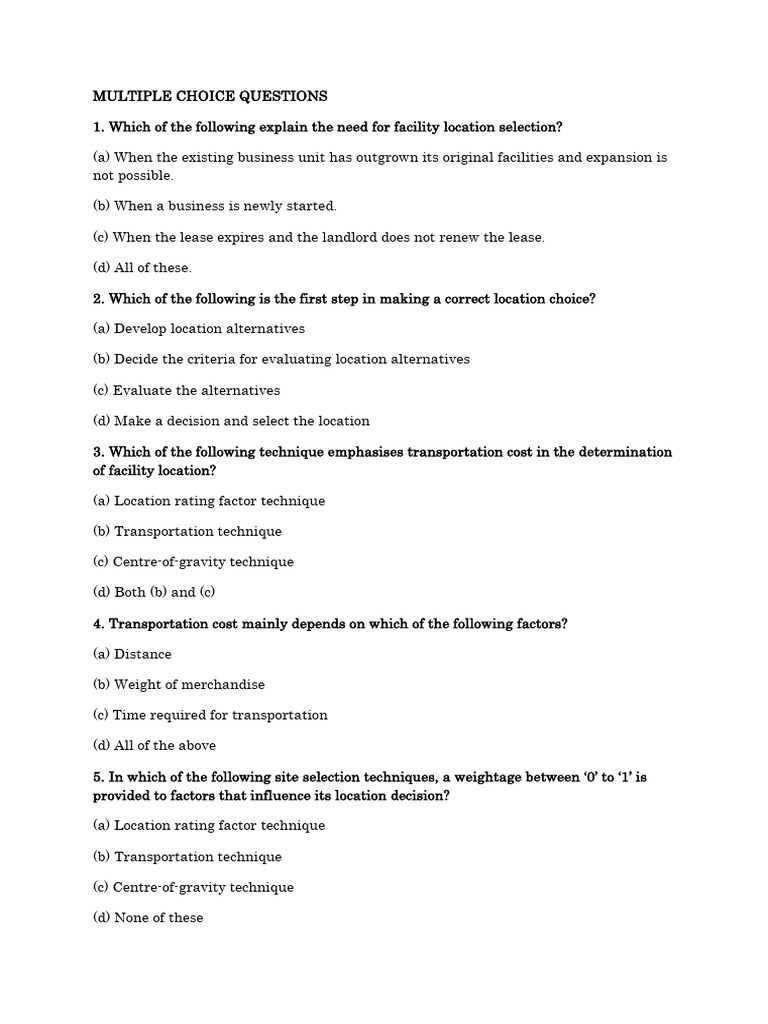 Sample MCQ - Facility Location and Layout | PDF | Business Process