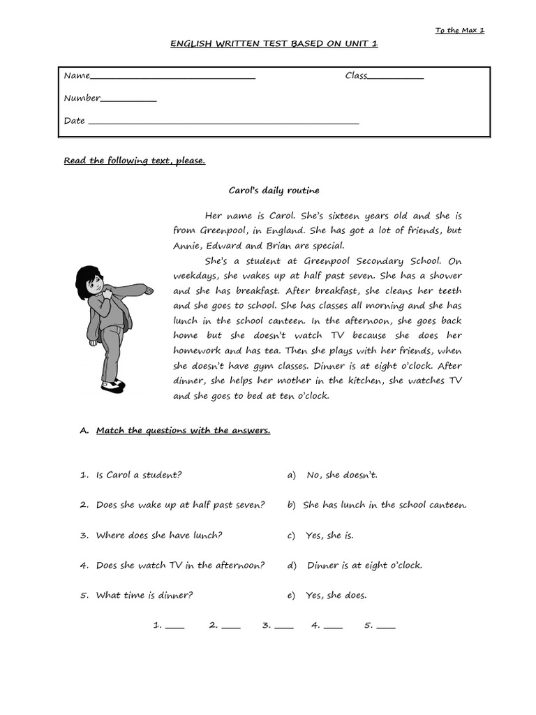 English Written Test Based On Unit 1 To The Max 1 | PDF | Lunch