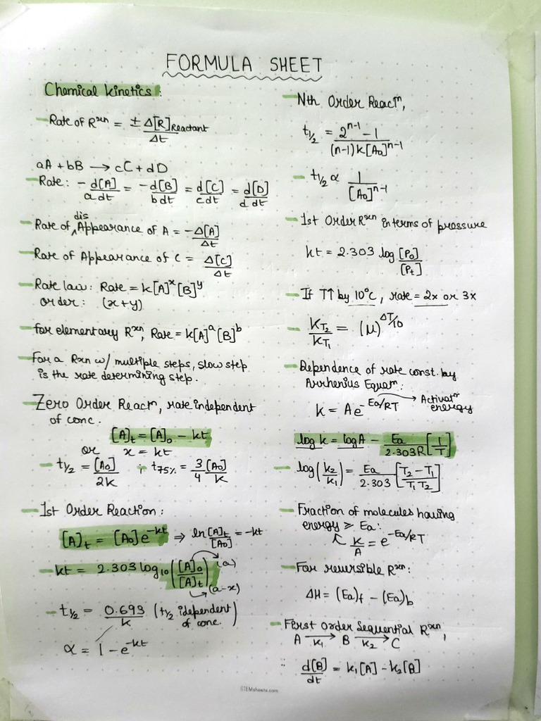 Chemical Kinetics Formula Sheet | PDF