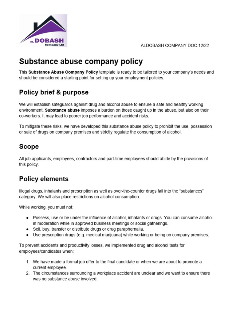 Substance Abuse Policy Template | PDF | Substance Abuse | Drugs