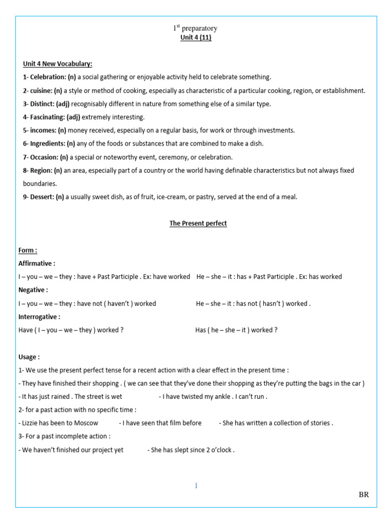 11 - 1st Prep Unit 4 GR Present Perfect + Prepositions | PDF | Desserts | Linguistics