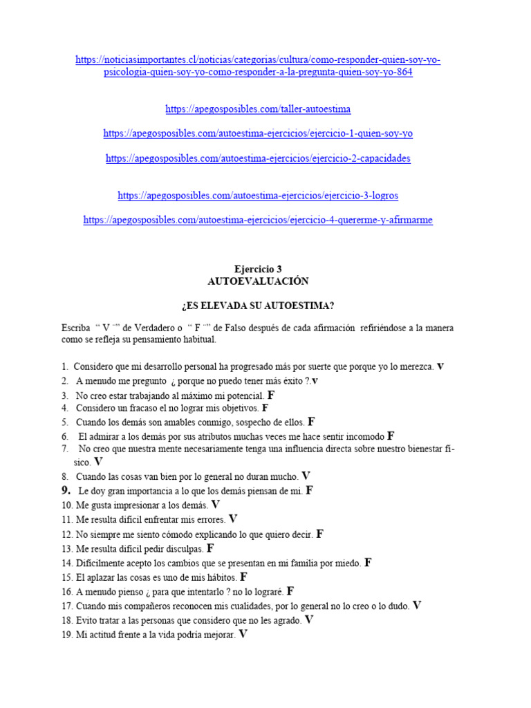 Taller - Ejercicio 3 - AUTOESTIMA - Quien Soy Yo | PDF | Autoestima
