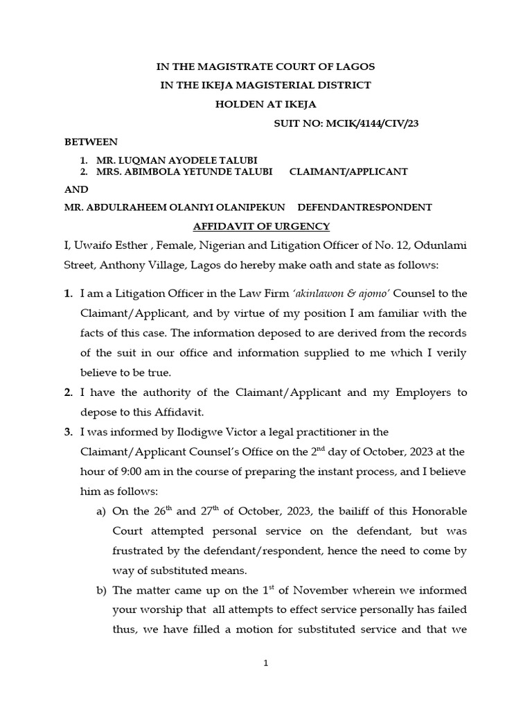 Affidavit of Urgency in Alhadi Ventures V Limex | PDF | Affidavit | Lawsuit