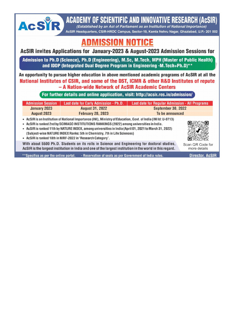 AcSIR Admission 2023 Final English | PDF