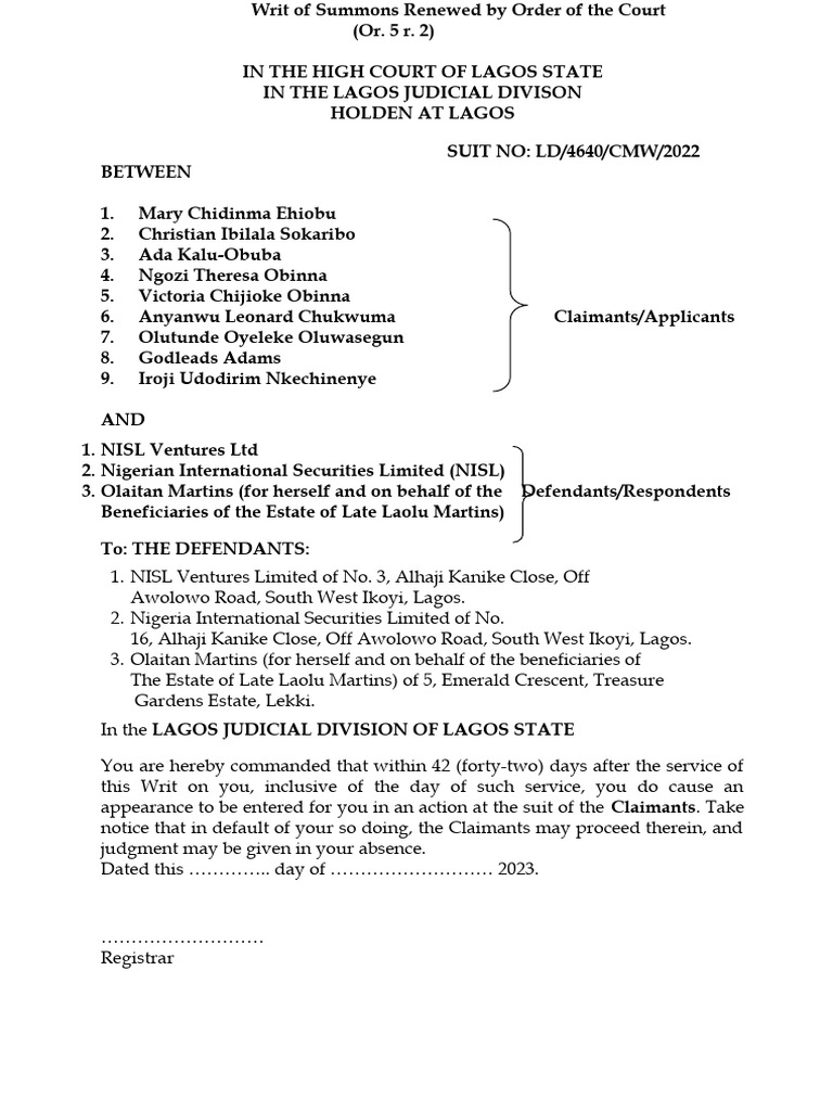 Writ of Summons Renewed by Order of The Court | PDF | Justice | Crime ...