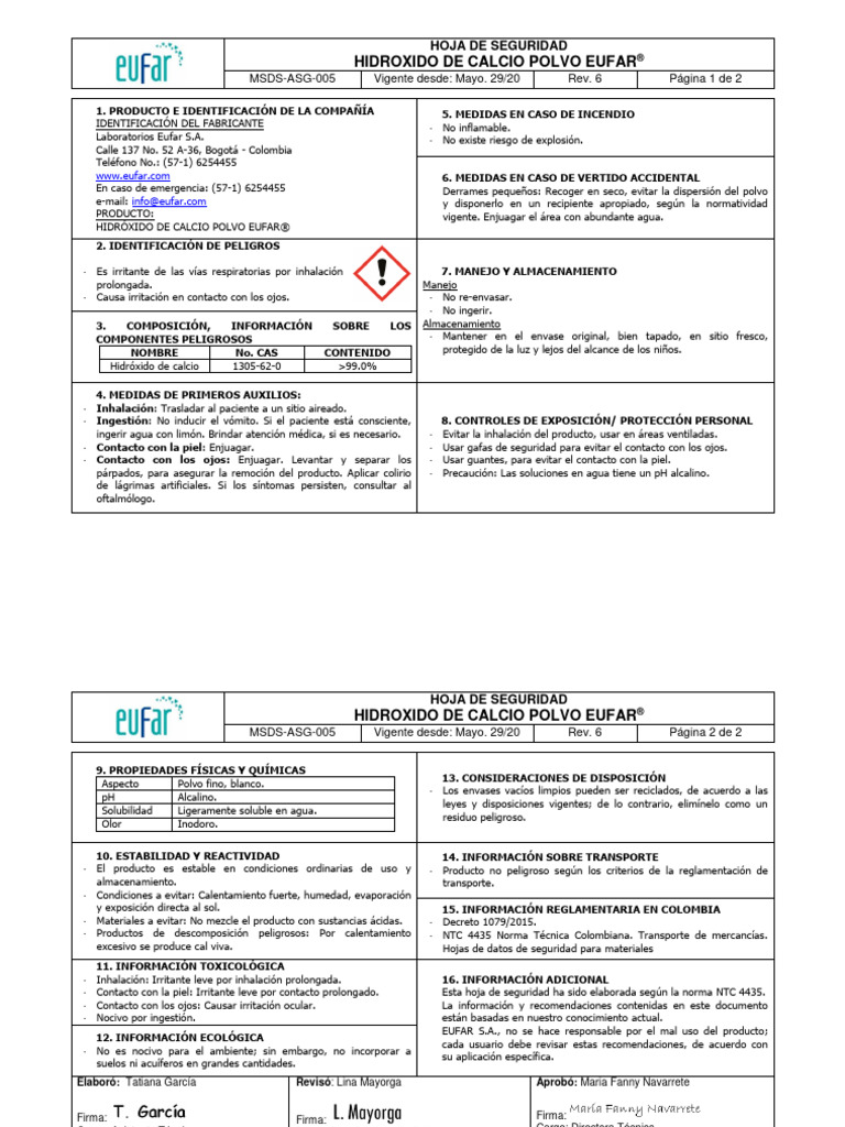 FDS Cal | PDF | Sustancias químicas | Química