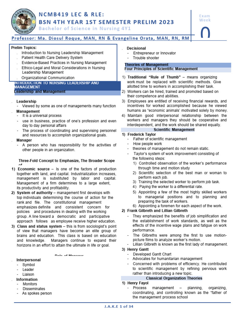 Ncmb419 Lec & Rle: BSN 4Th Year 1St Semester Prelim 2023: Bachelor of Science in Nursing 4Y1 ...