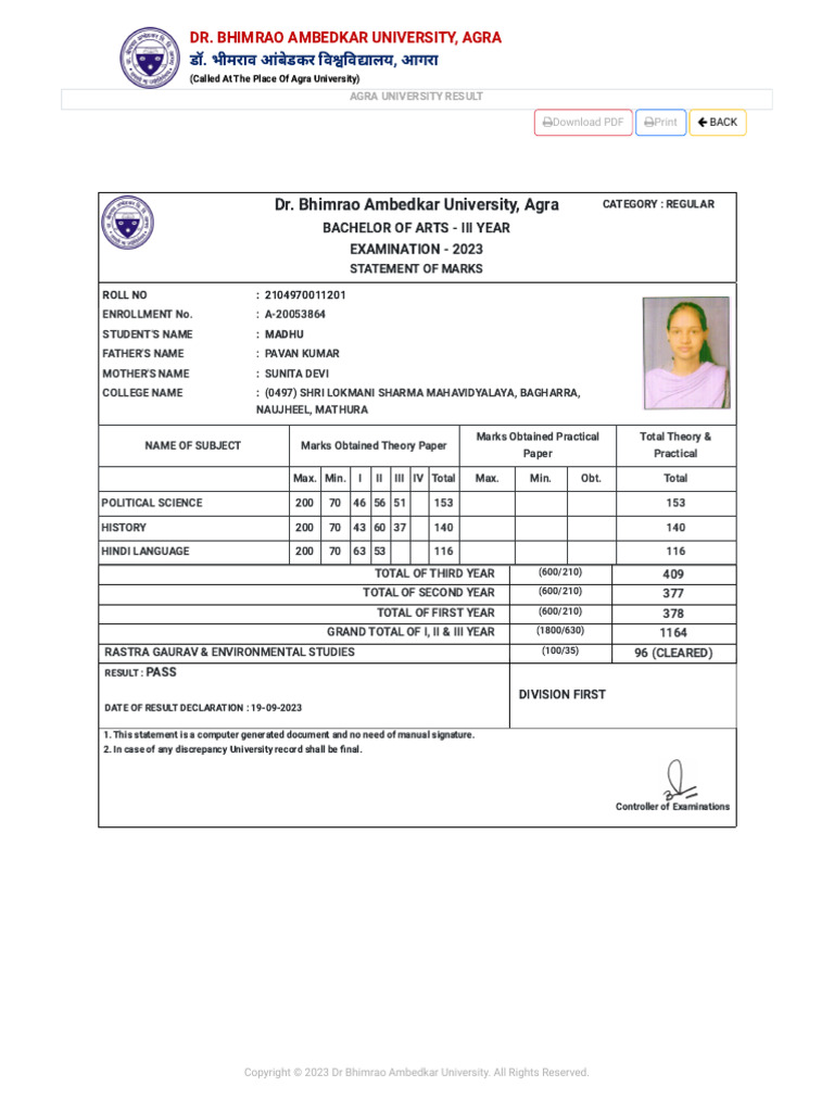 Result - Dr. Bhimrao Ambedkar University, Agra | PDF