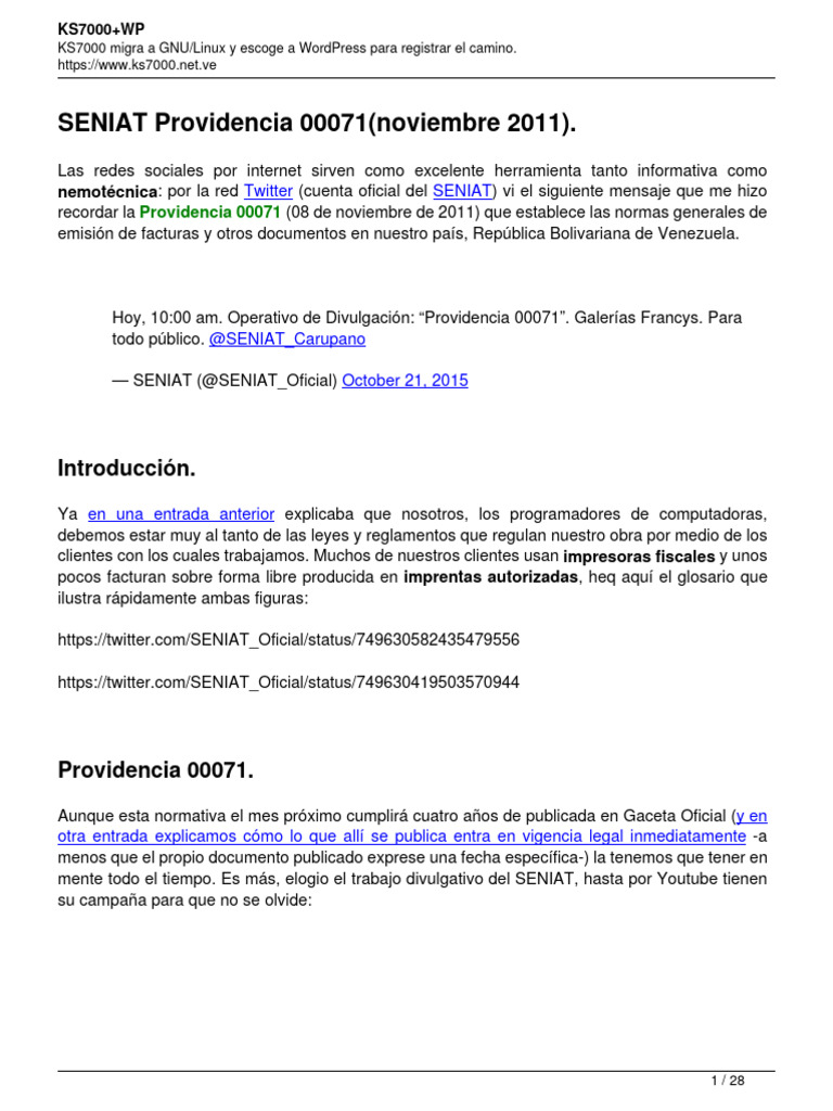 Seniat Providencia 00071 | PDF | Factura | Impuestos