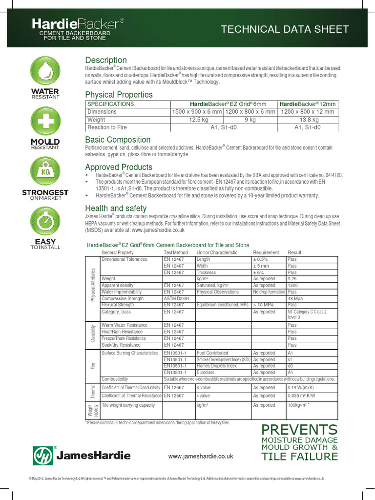 ENGLISH HardieBacker Cement Backerboard Technical Data Sheet | PDF ...