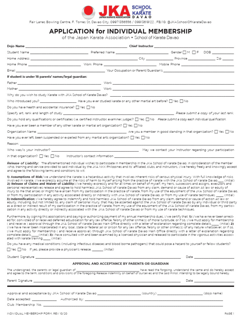 Karate Membership Application | PDF | Indemnity | Common Law