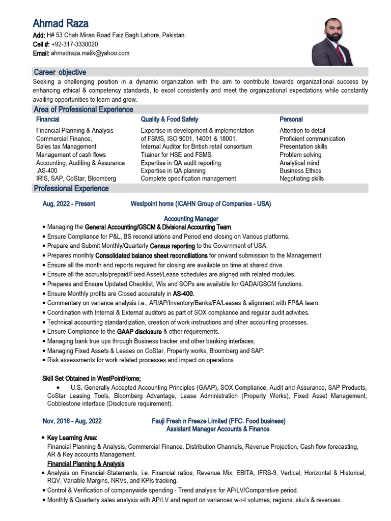 CV Ahmad Raza - WPH | PDF | Audit | Accounting