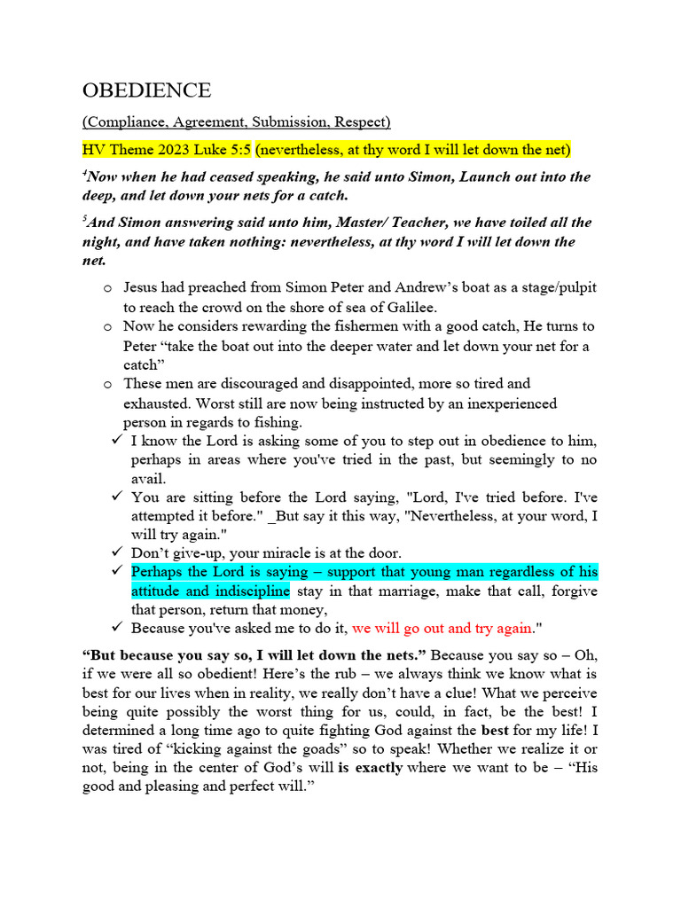 OBEDIENCE Luke 5 - 5 | PDF | Saint Peter