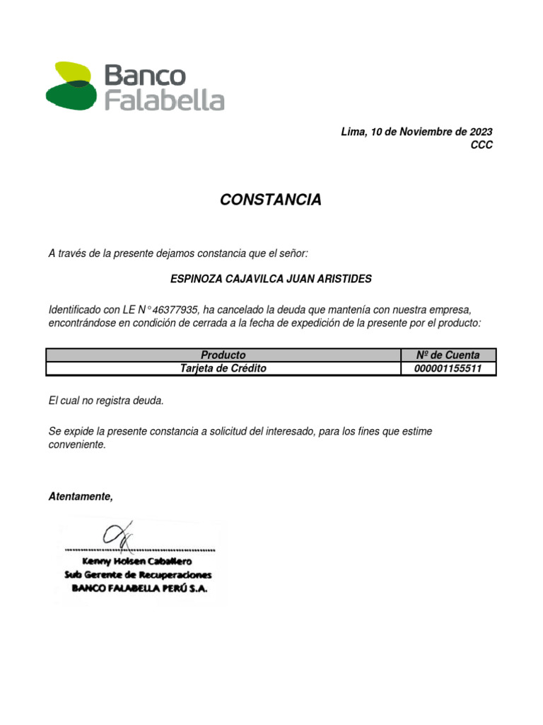 Constancia de Deuda Cancelada CCC | PDF