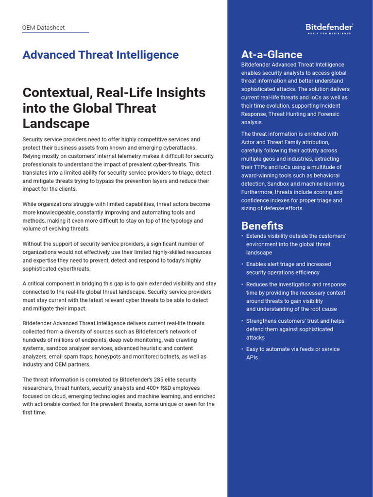 Bitdefender Advanced Threat Intelligence Datasheet | PDF | Computer Security | Security