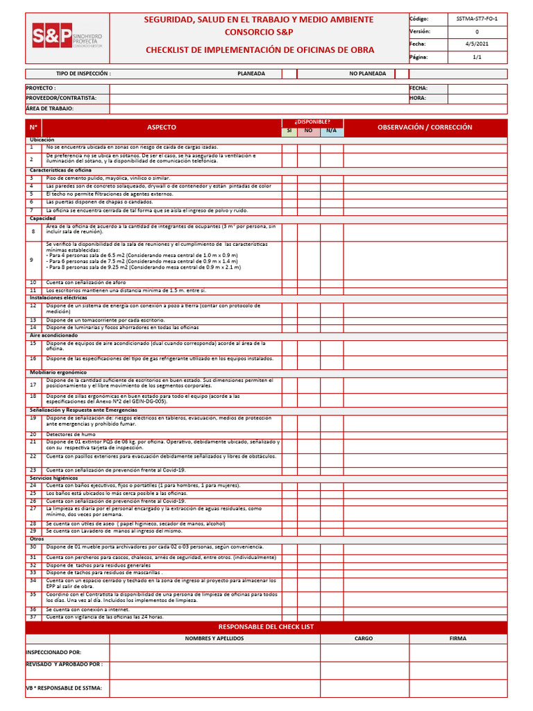 SSTMA-ST7-FO-1 Checklist de Implementación de Oficinas de Obra | PDF ...