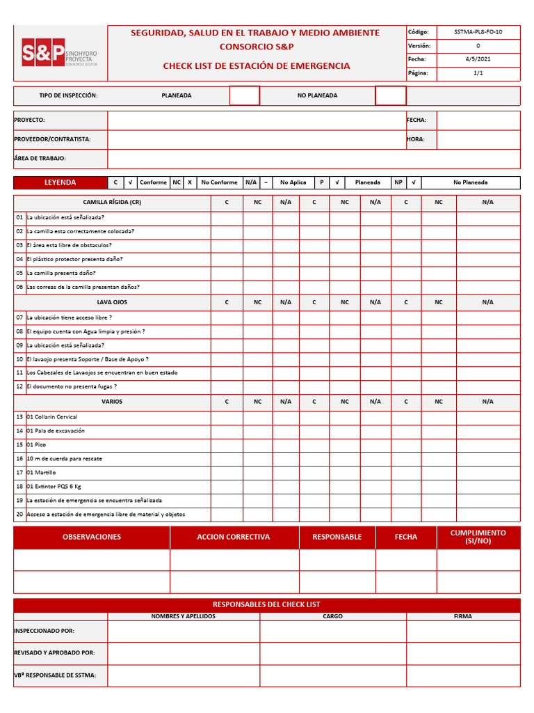 SSTMA-PL8-FO-10 Check List de Estación de Emergencia | PDF