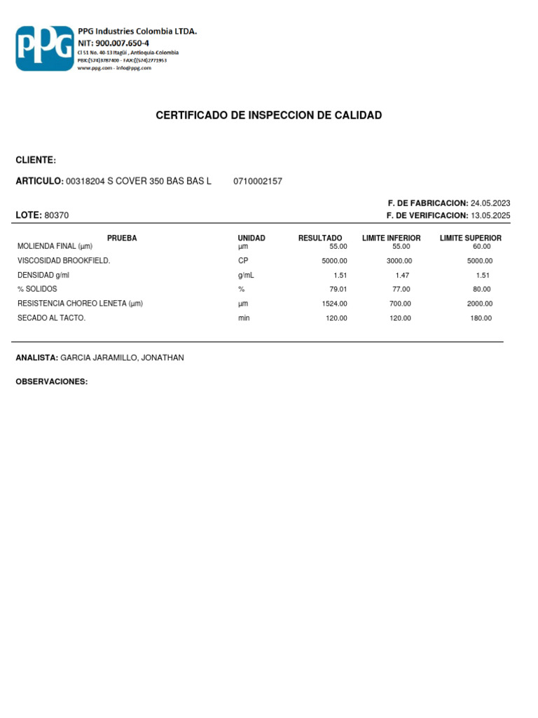 Certificado de Calidad de Pinturas | PDF