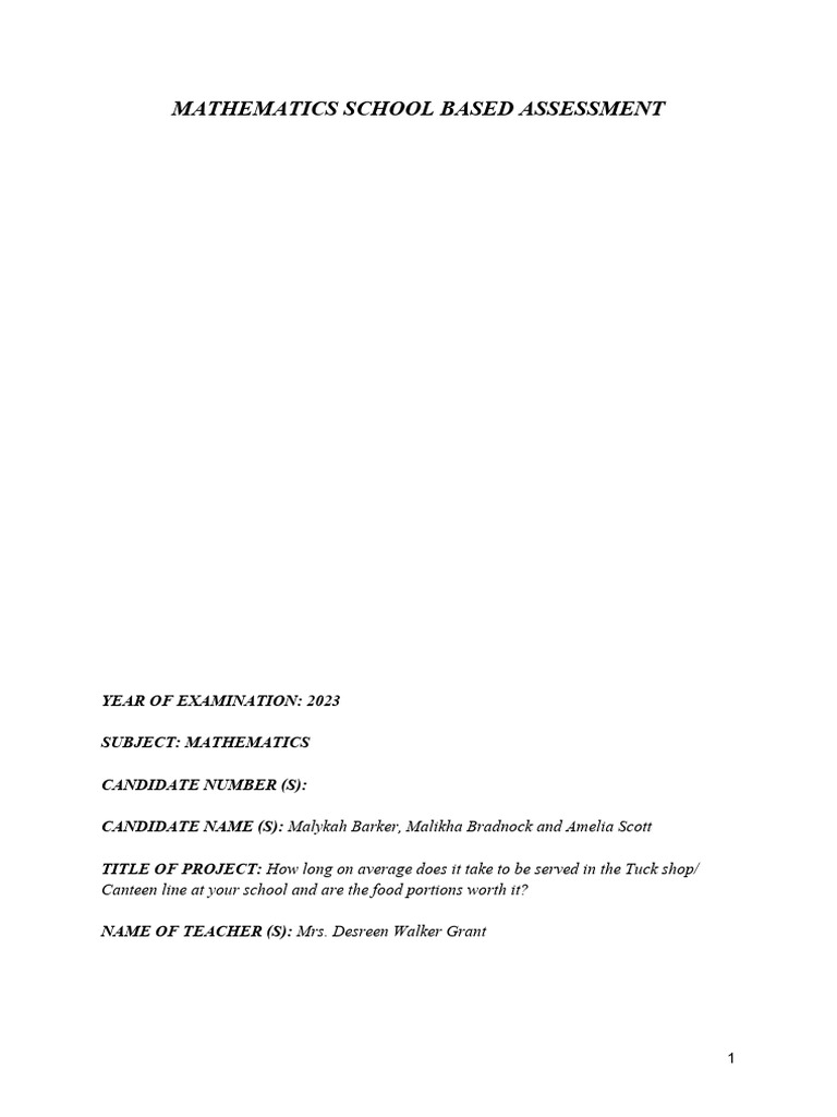 Mathematics SBA (F) 2 | PDF | Cafeteria | Lunch