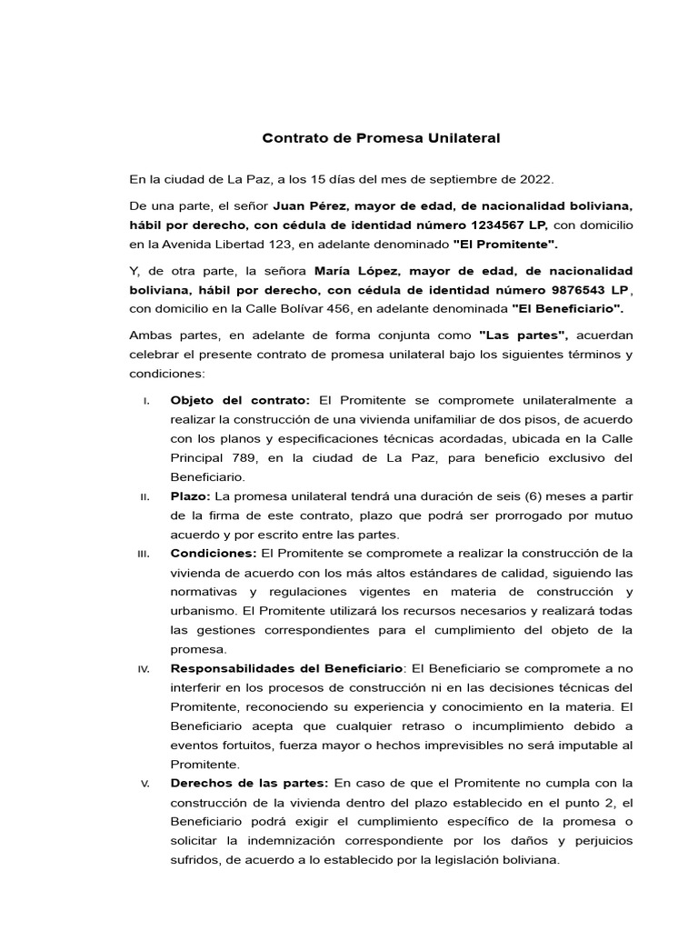 Ejemplo de Contrato de Promesa Unilateral | PDF | Gobierno | Principios ...