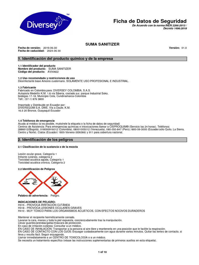 SDS Suma Sanitizer | PDF | Agua | Higiene Ocupacional