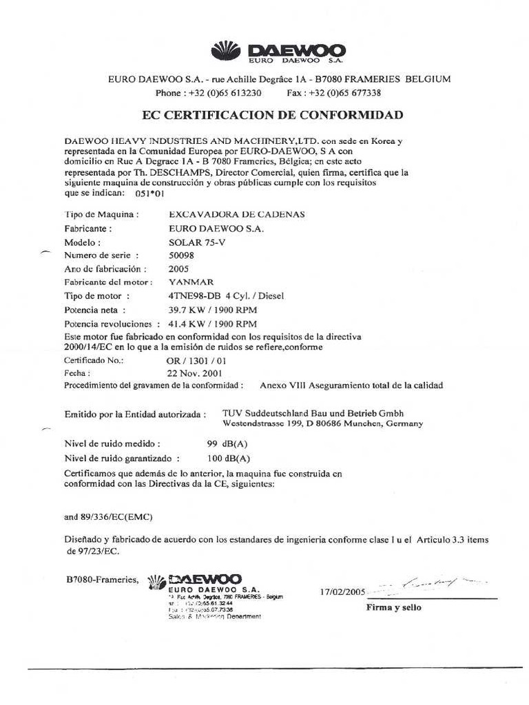 Certificado CE Máquina Daewoo Solar 75-V | PDF