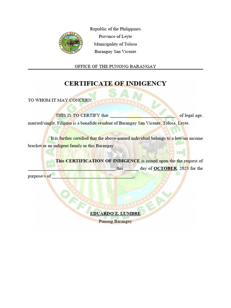 Ceritifcate of Indigency Blank | PDF | Social Science