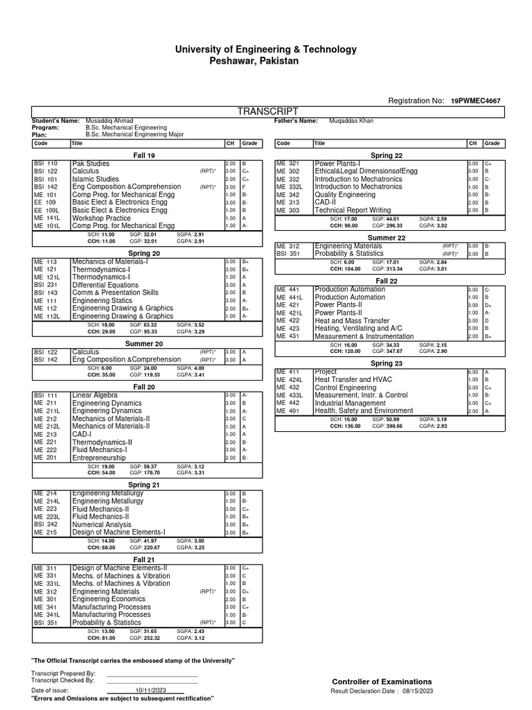 Uet Peshawar Transcript Format Sampale | PDF | Mechanical Engineering ...