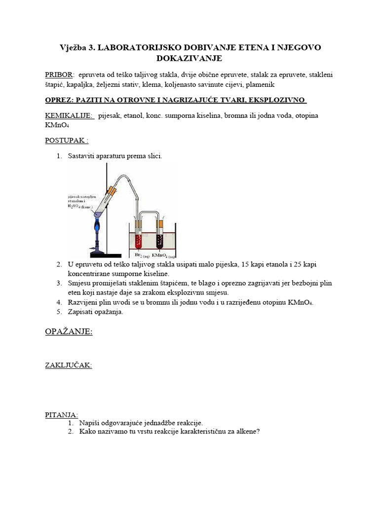 Vježba 3. Laboratorijsko Dobivanje Etena I Njegovo Dokazivanje | PDF