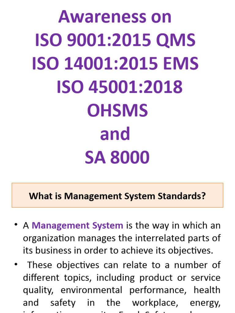Awareness on QMS EMS & OHSMS and SA Updated | PDF | Quality (Business ...