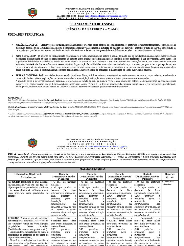 Plano de Ciencias 2 Ano | PDF | Science | Vida