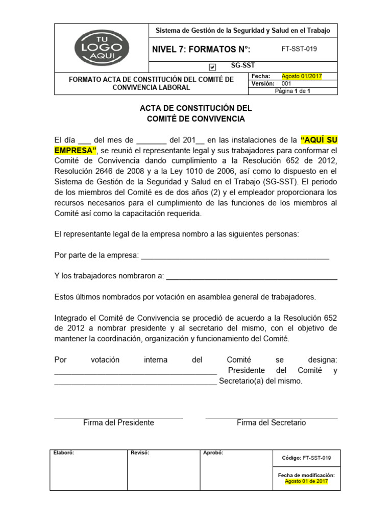 FT-SST-019 Formato Acta de Constitución Del Comité de Convivencia Laboral | PDF
