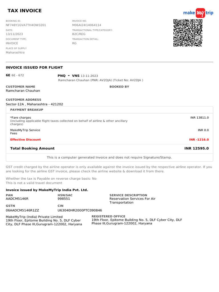 Booking Invoice - M06AI24I14064114 | PDF | Invoice | Taxes