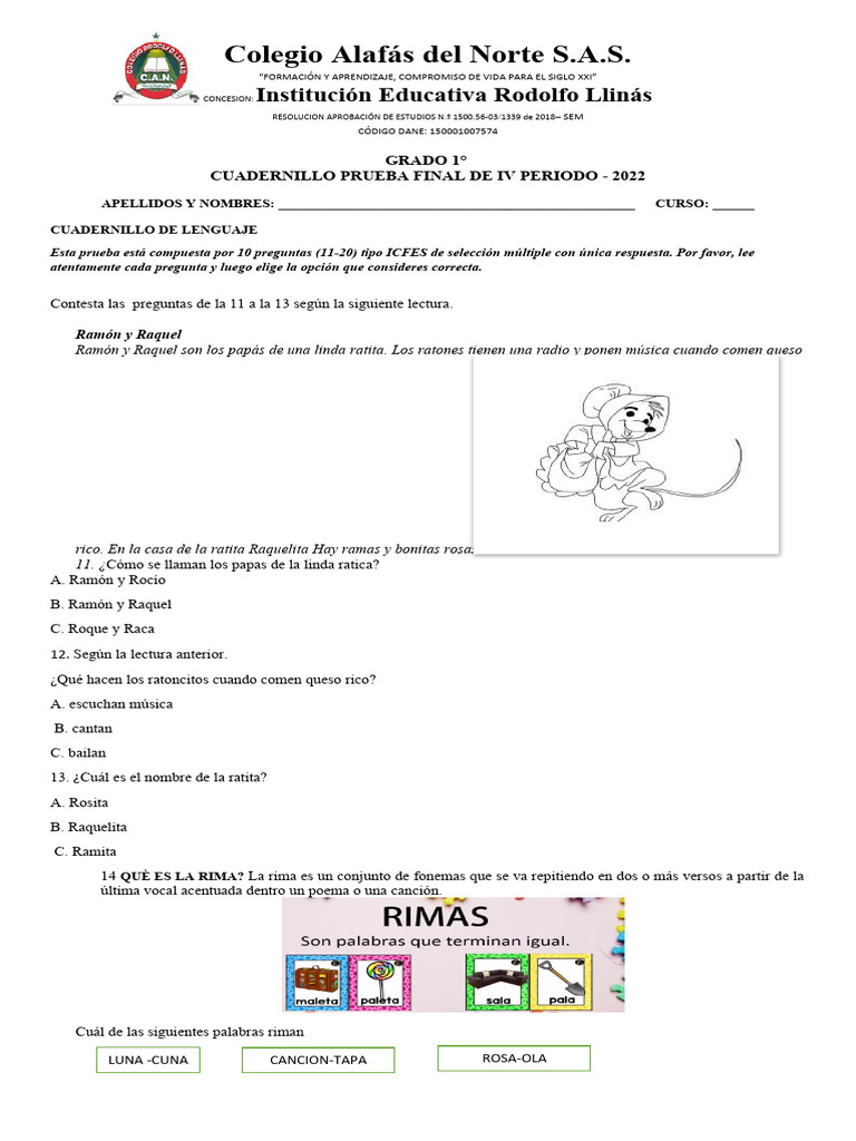 Cuadernillo 1° Prueba Final Cuarto Periodo - Español | PDF | Estudios ...