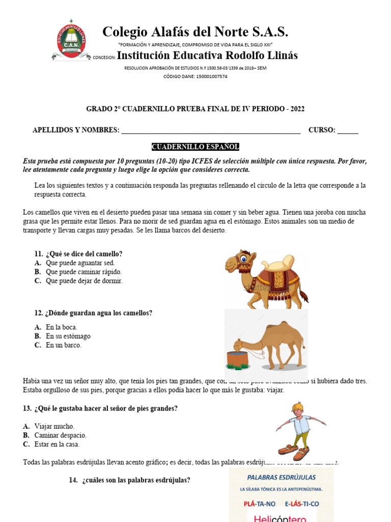 CUADERNILLO 2° PRUEBA FINAL DE 4TO PERIODO | PDF