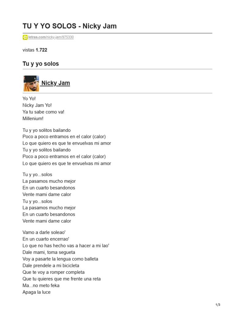 "Letra de 'Tu y Yo Solos' - Nicky Jam" | PDF