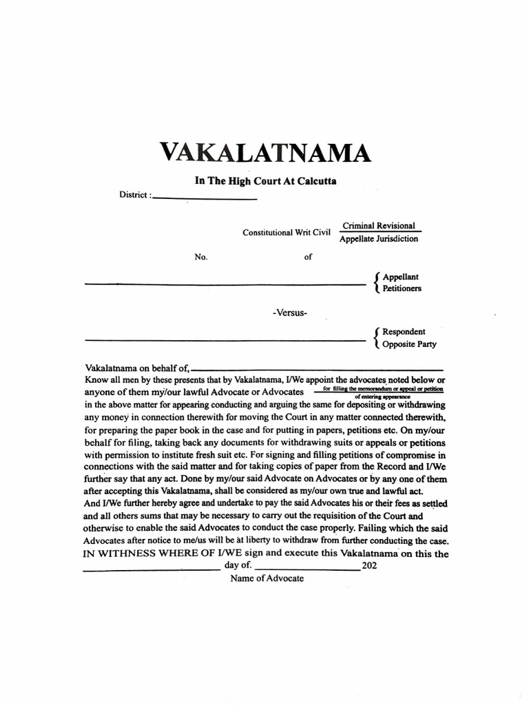 Vakalatnama for Calcutta High Court | PDF