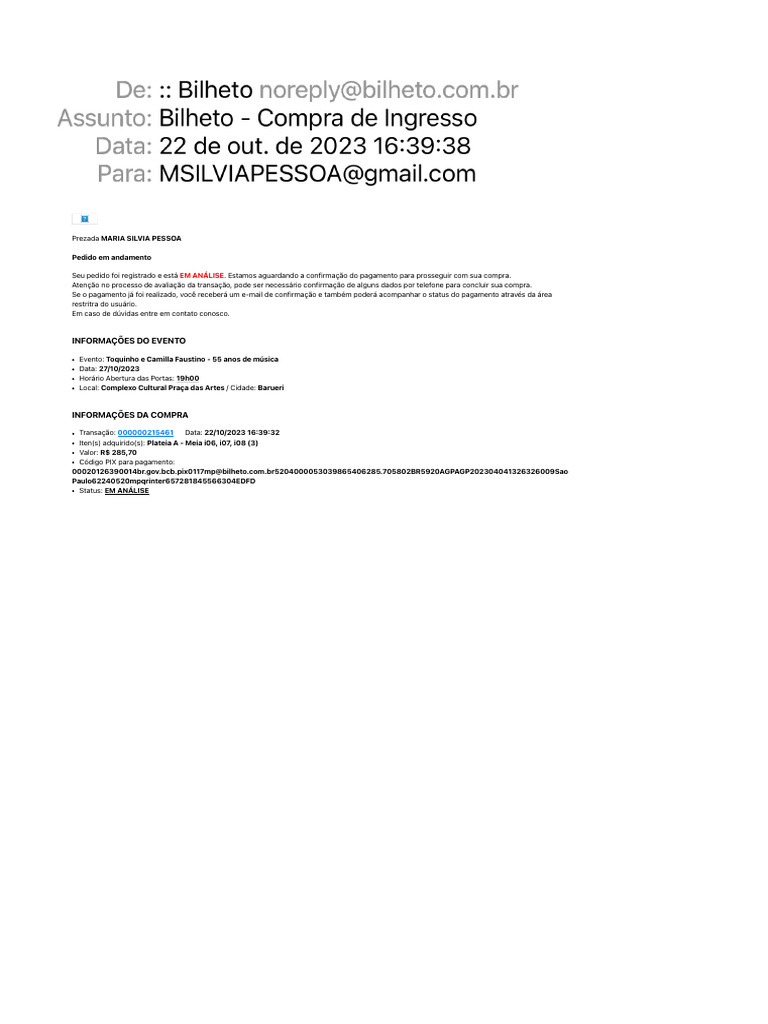 Bilheto - Compra de Ingresso | PDF