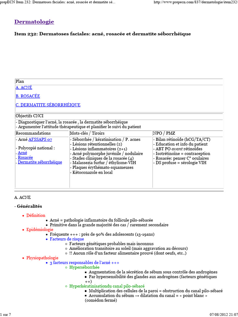 prepECN Item 232 - Dermatoses Faciales - Acné, Rosacée Et Dermatite ...