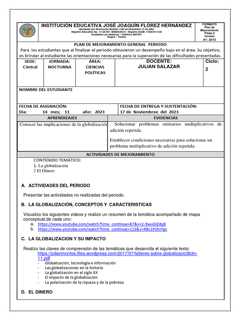 Plan de Mejoramiento Noc 11 | Descargar gratis PDF | Dinero