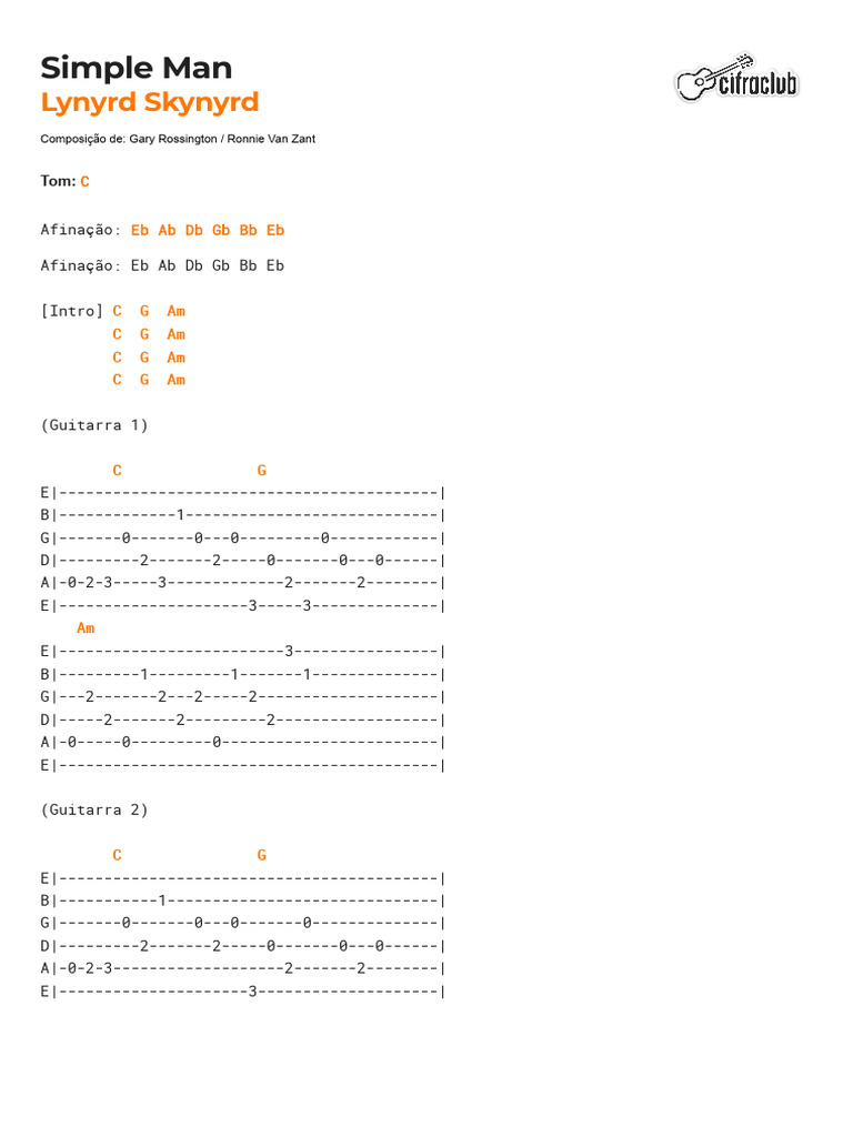 Simple Man Guitar Tab by Lynyrd Skynyrd | PDF | American Musical Groups