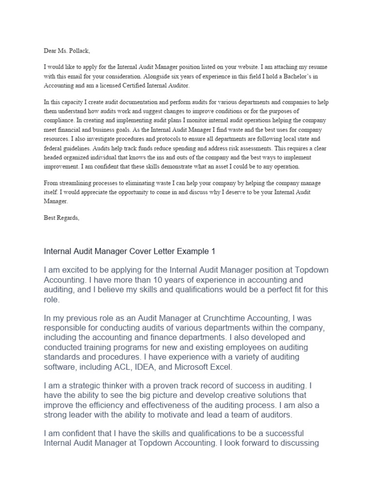Sample Cover Letter | PDF | Internal Audit | Audit