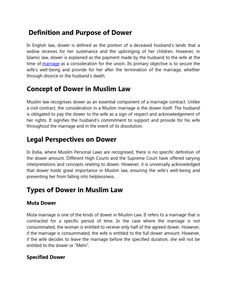 Definition and Purpose of Dower | PDF | Marriage | Wife