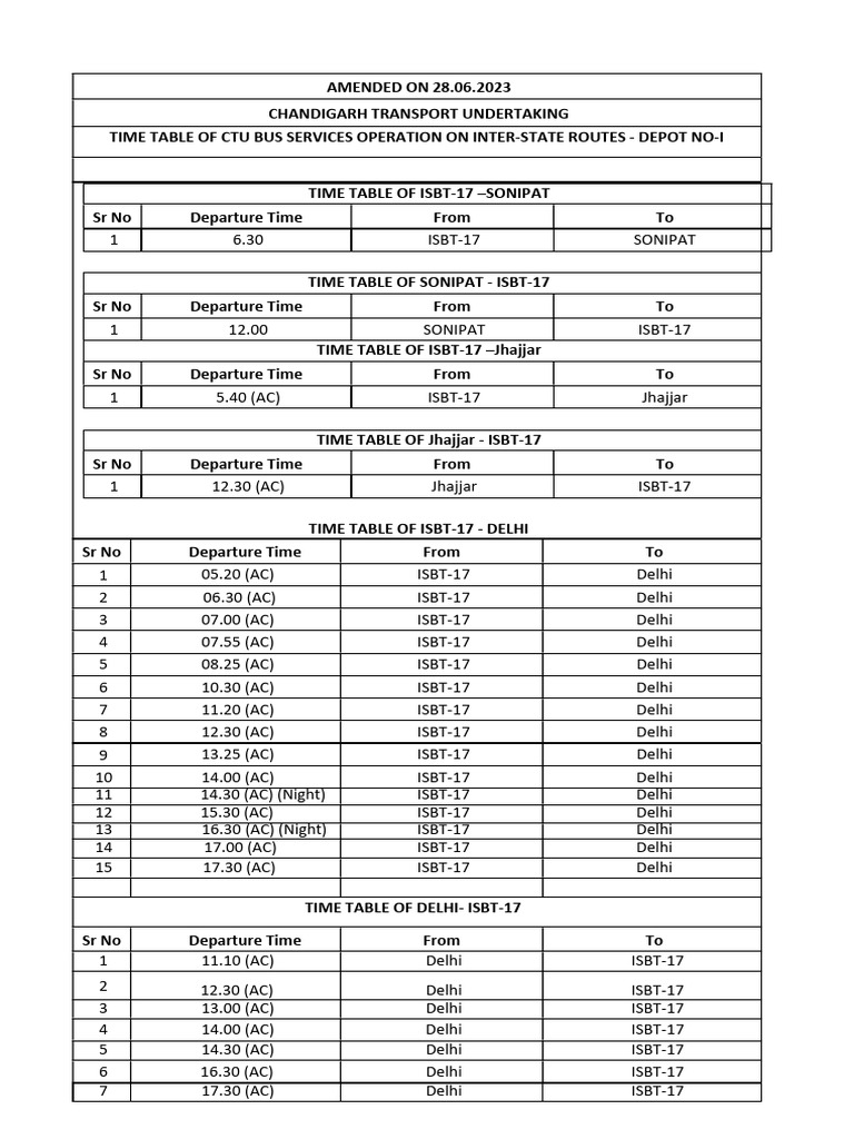 CTU Inter-State Bus Timetable | PDF | Punjab | Bus Transport