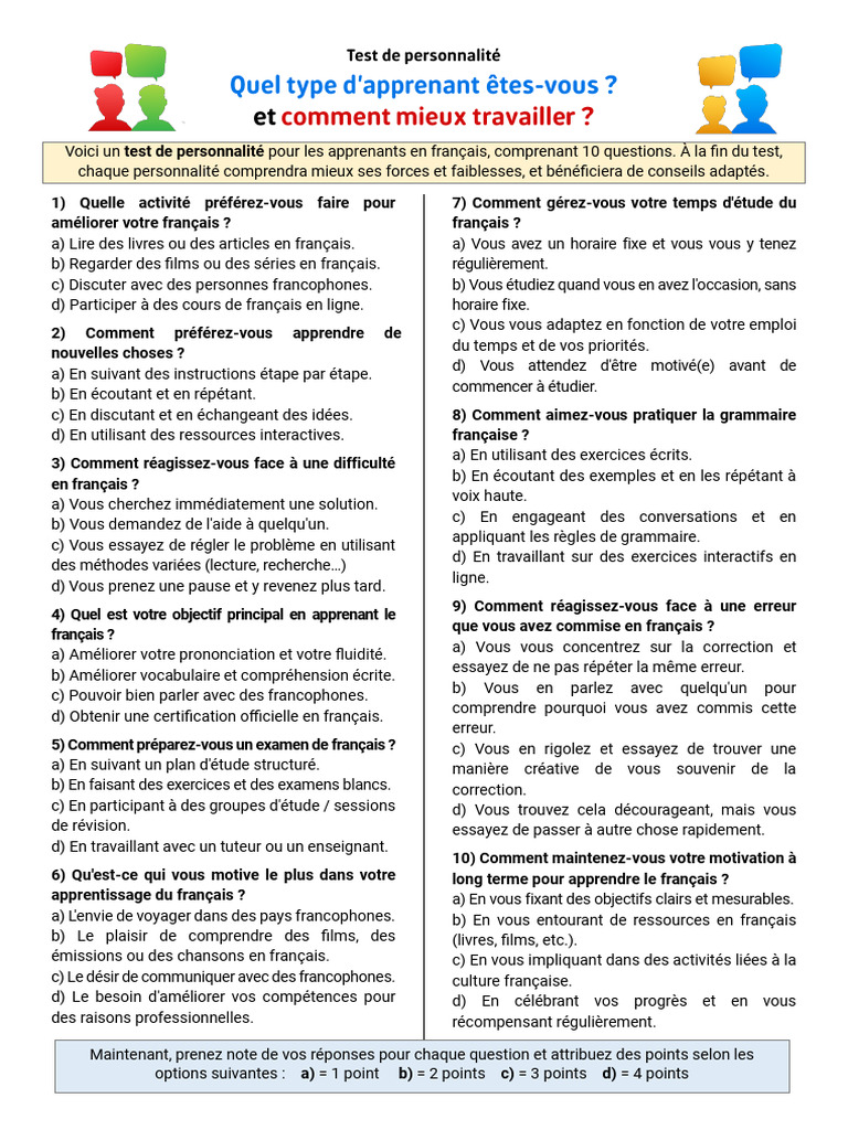 Test de personnalité pour apprenants en français | PDF | Langue ...